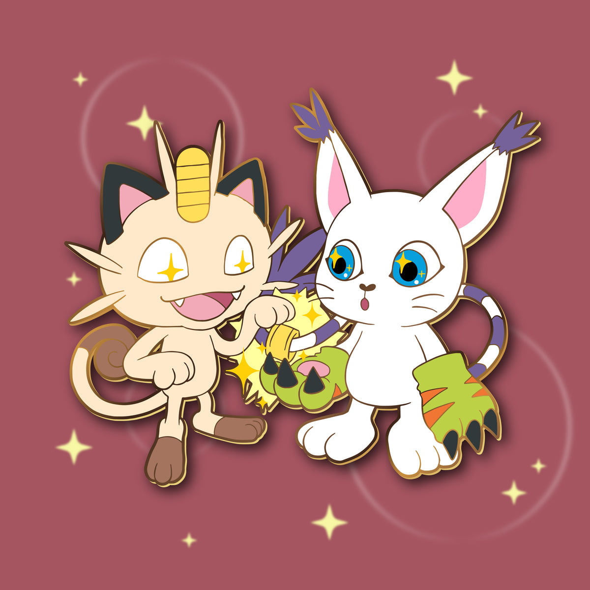 Bedazzled Cats! Meowth & Gatomon : Digimon-Pokemon Friendship Enamel P ...